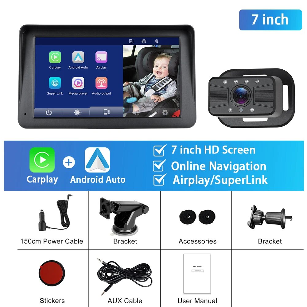 Podofo 7-дюймовый IPS-экран Автомобильный монитор Радионяня CarPlay Android Автоматическая навигация AirPlay Android Cast Cam Смарт-плеер с экраном