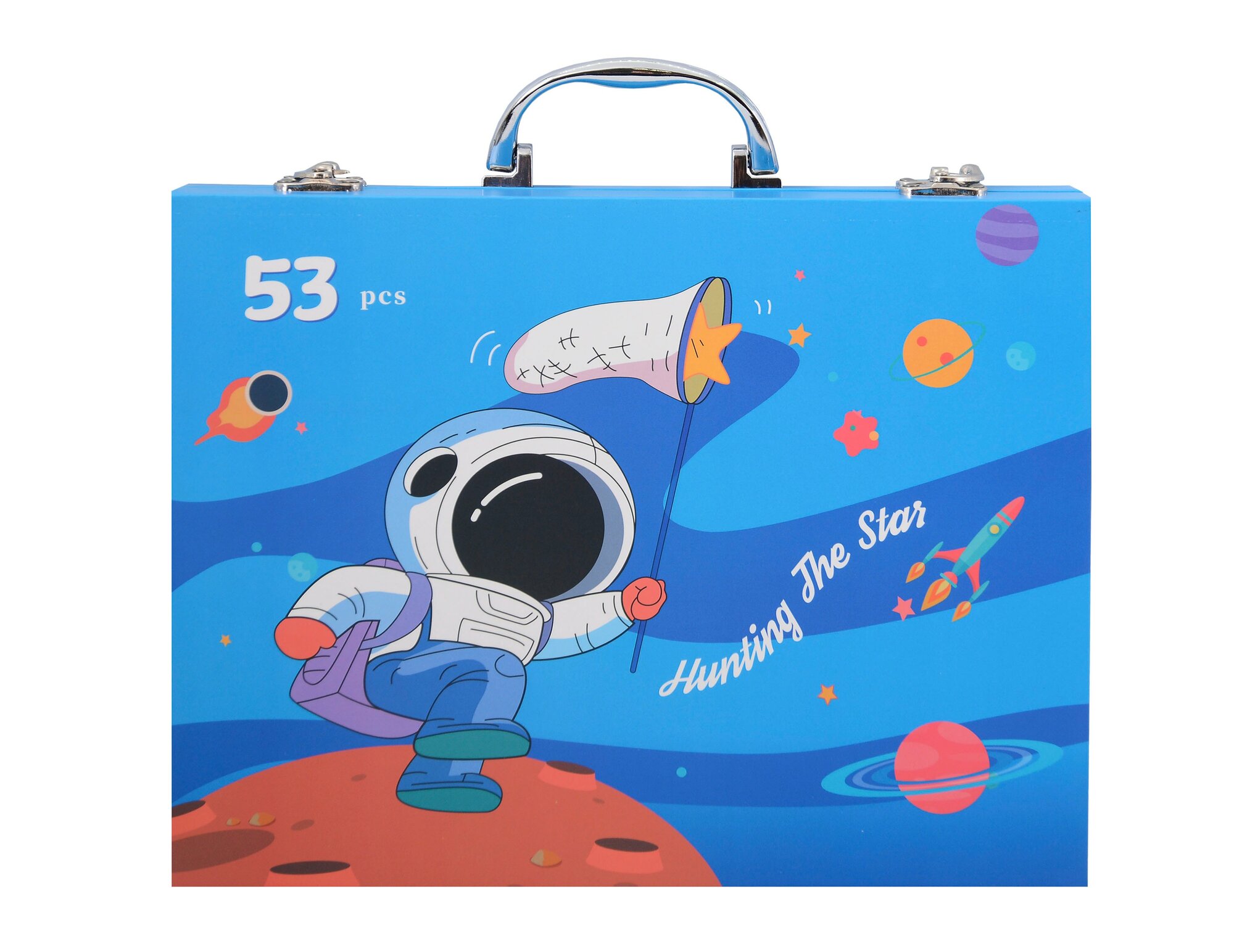Набор для творчества 53 предм. "Космос" карандаши цветные 10цв, маркеры для скетчинга 10цв, пастель масляная 12цв, краски акварель 10цв туба, краски акварель 06цв кювет, кисти 02шт, точилка, ластик, жестк. картон, мет. ручка, мет. замок