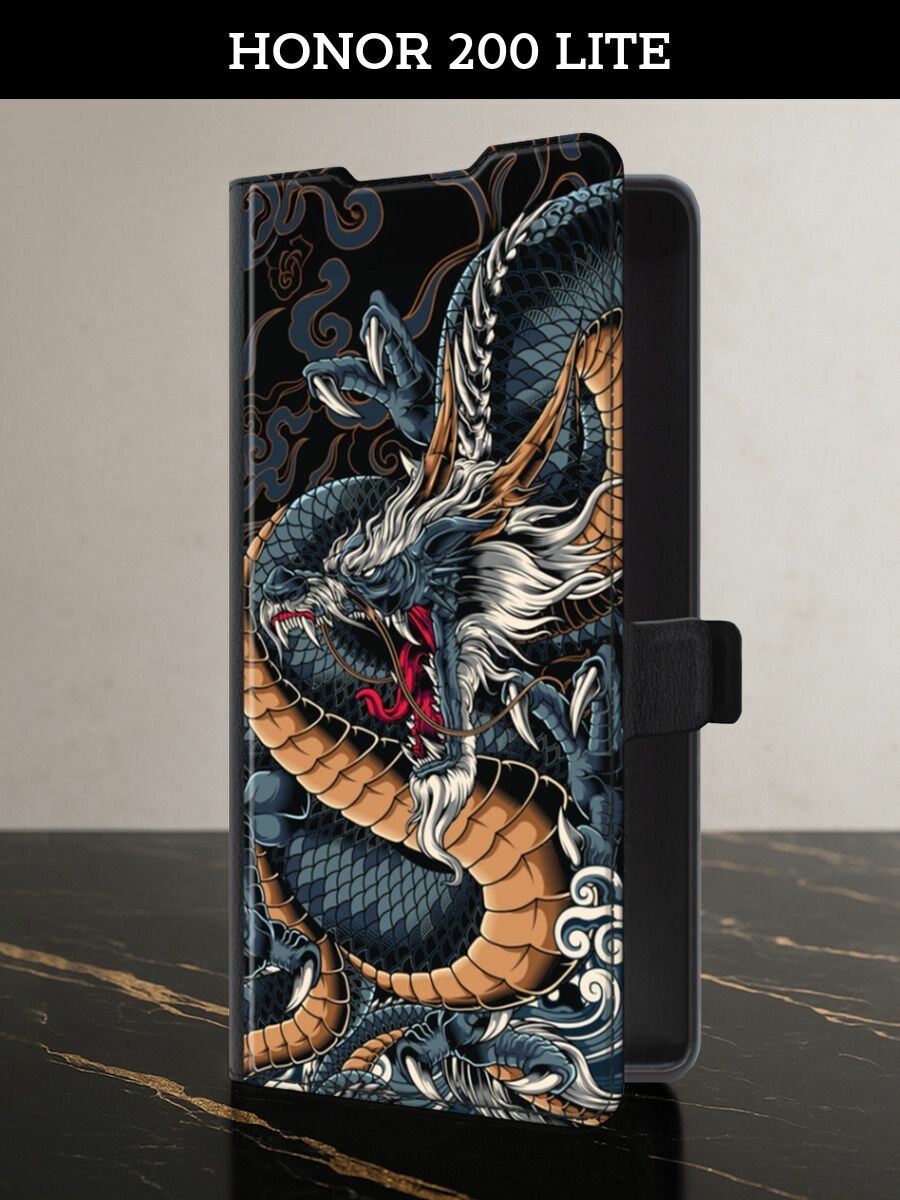 Чехол-книжка на Honor 200 Lite (Хонор 200 Лайт) с картой и принтом "Japanese Dragon"