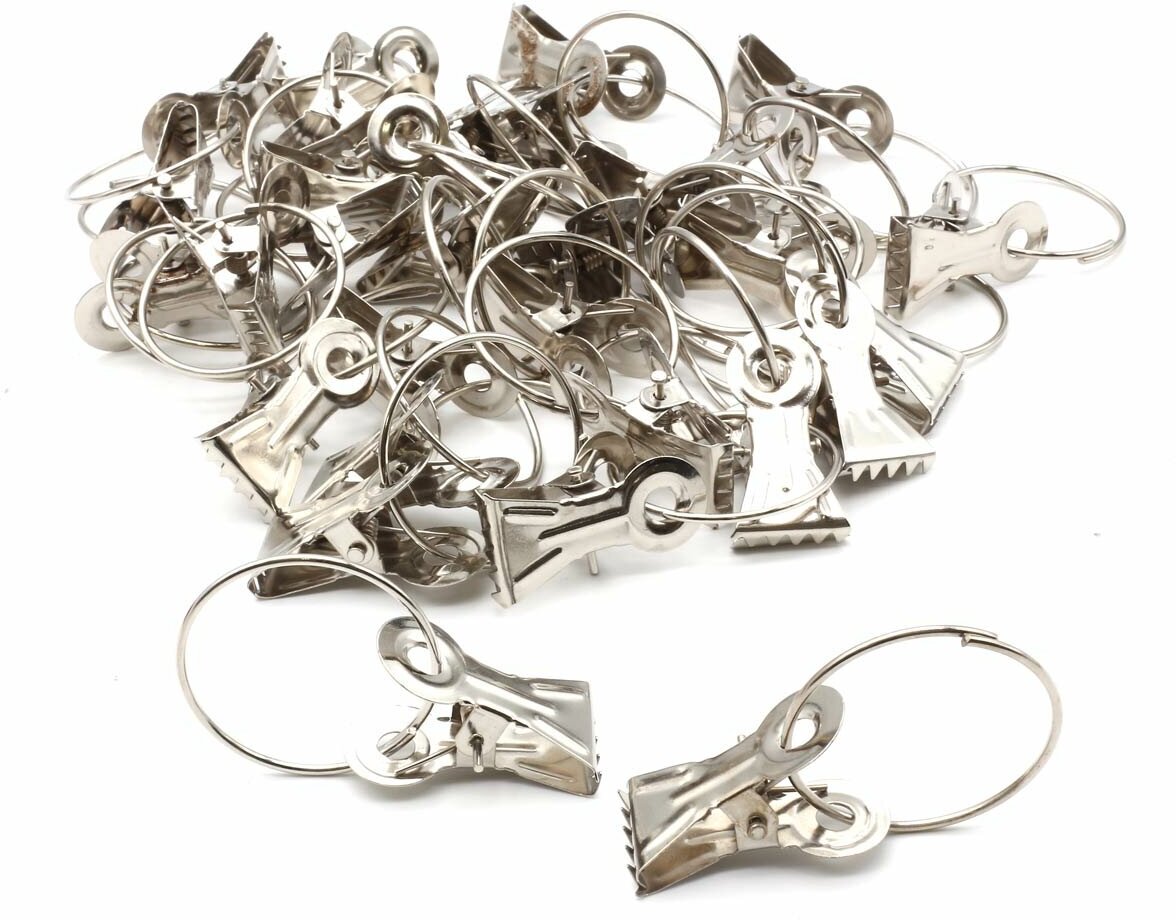 Кольцо шторное с зажимом h-57мм (кольцо d-31/34мм) металл для карнизов, никель, 90 шт (упак)