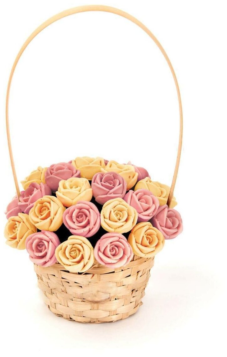 Корзинка из 23 шоколадных роз последний звонок CHOCO SFERA- Розовый и Оранжевый микс из премиум-шоколада, 324 гр. K23-RO