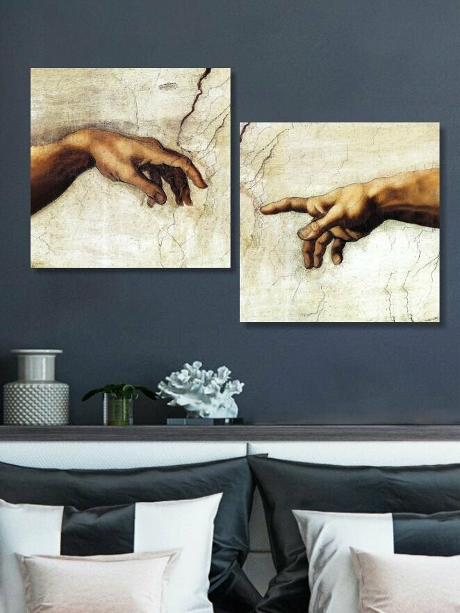 Картина модульная интерьерная Руки, Микеланджело, натуральный холст на подрамнике, размер 60х60 см, 2 шт