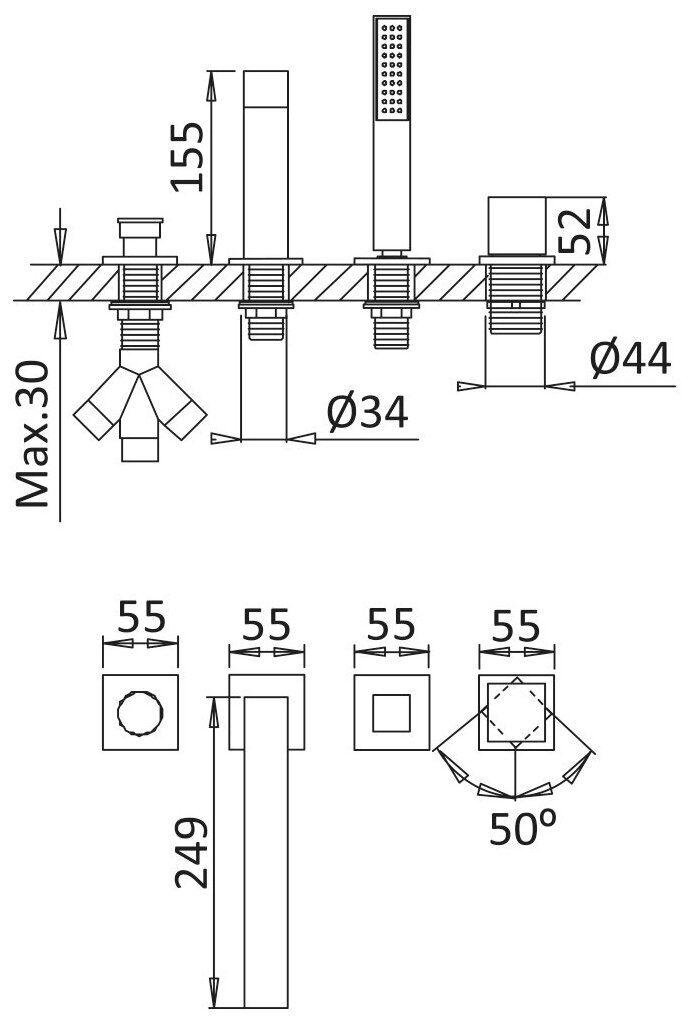 Смеситель для ванны встроенный на борт на 4 отверстия с вытяжным душем BRUMA ESCUDO 102 330 1CR хром