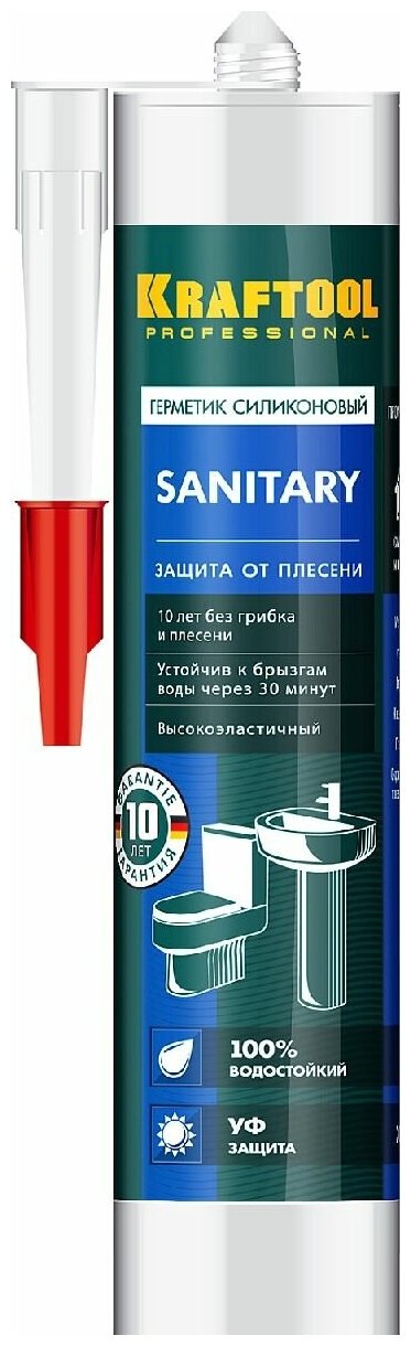 Санитарный прозрачный силиконовый герметик KRAFTOOL 300 мл влагостойкий с фунгицидом температурный диапазон -40 до +100°C