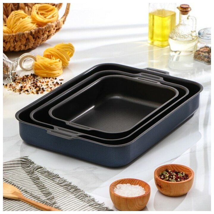 Набор противней «Лазоньера», 3 предмета: 19×25 см, 23×30 см, 27×35 см, h=7 см, антипригарное покрытие, цвет синий