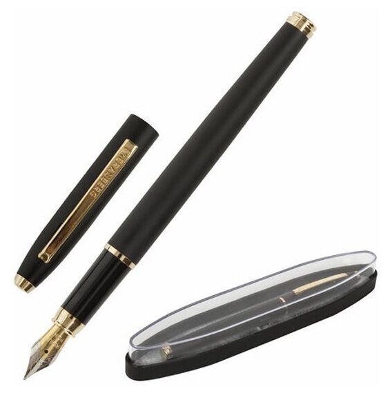 Ручка бизнес-класса Brauberg перьевая Brioso, синяя, корпус черный с золотистыми деталями, линия письма 0,25 мм