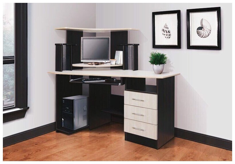 Стол компьютерный Каспер 130*80*130, ЛДСП, 48,6 кг, угловой, надстройка, ящик, полка