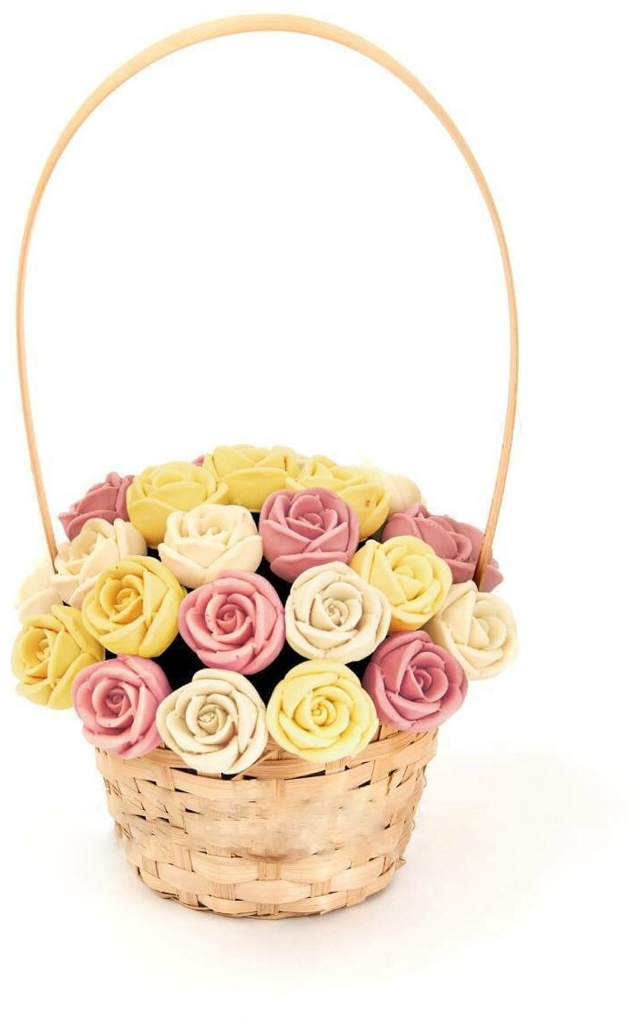 33 шоколадные розы последний звонок CHOCO SFERA в корзинке - Белый, Желтый и Розовый шоколад, 396 гр. K33-BJR