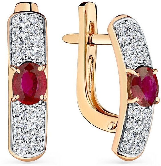 Серьги, красное золото, 585 проба, бриллиант, рубин