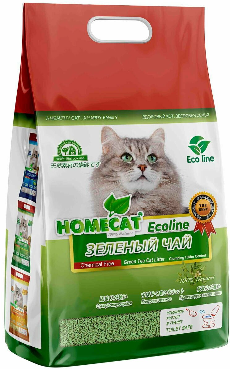 HOMECAT эколайн зеленый ЧАЙ наполнитель комкующийся для туалета кошек (6 л х 4 шт)
