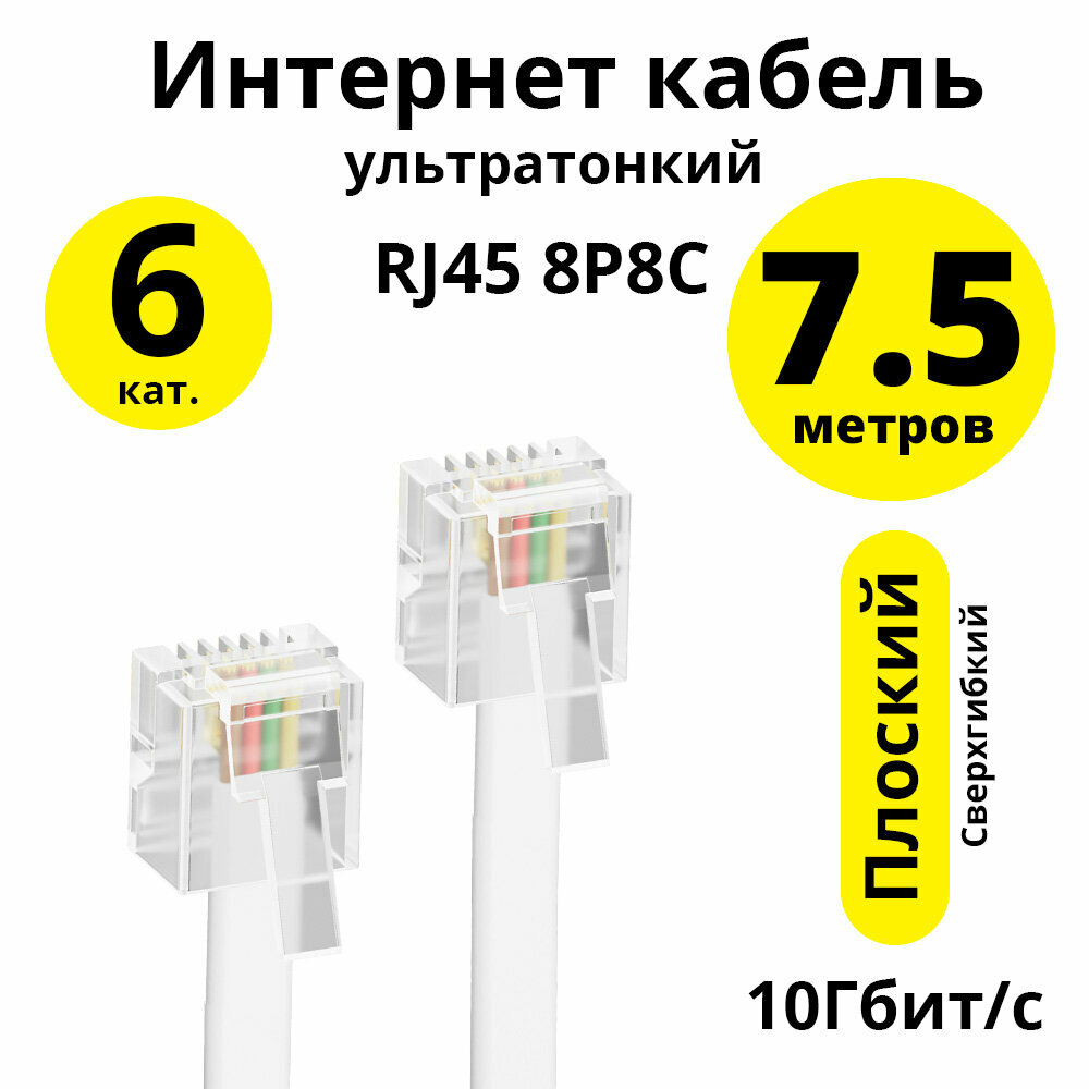 Патч-корд CAT6 10 Гбит/с RJ45 LAN плоский для ПК PS4 Xbox One Smart TV (ELS-LNC6) белый 7.5м