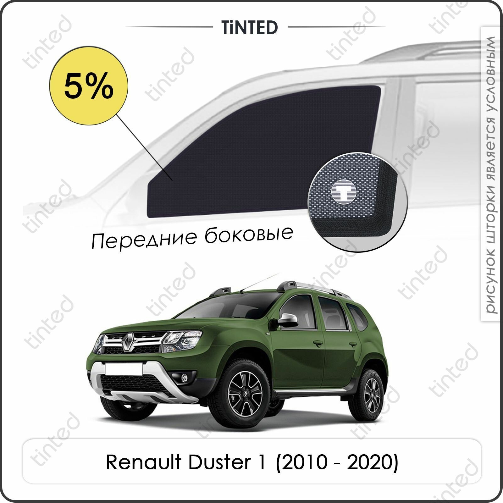 Шторки на автомобиль солнцезащитные Renault Duster 1 Кроссовер 5дв. (2010 - 2020) на передние двери 5%, сетки от солнца в машину рено дастер, Каркасные автошторки Premium