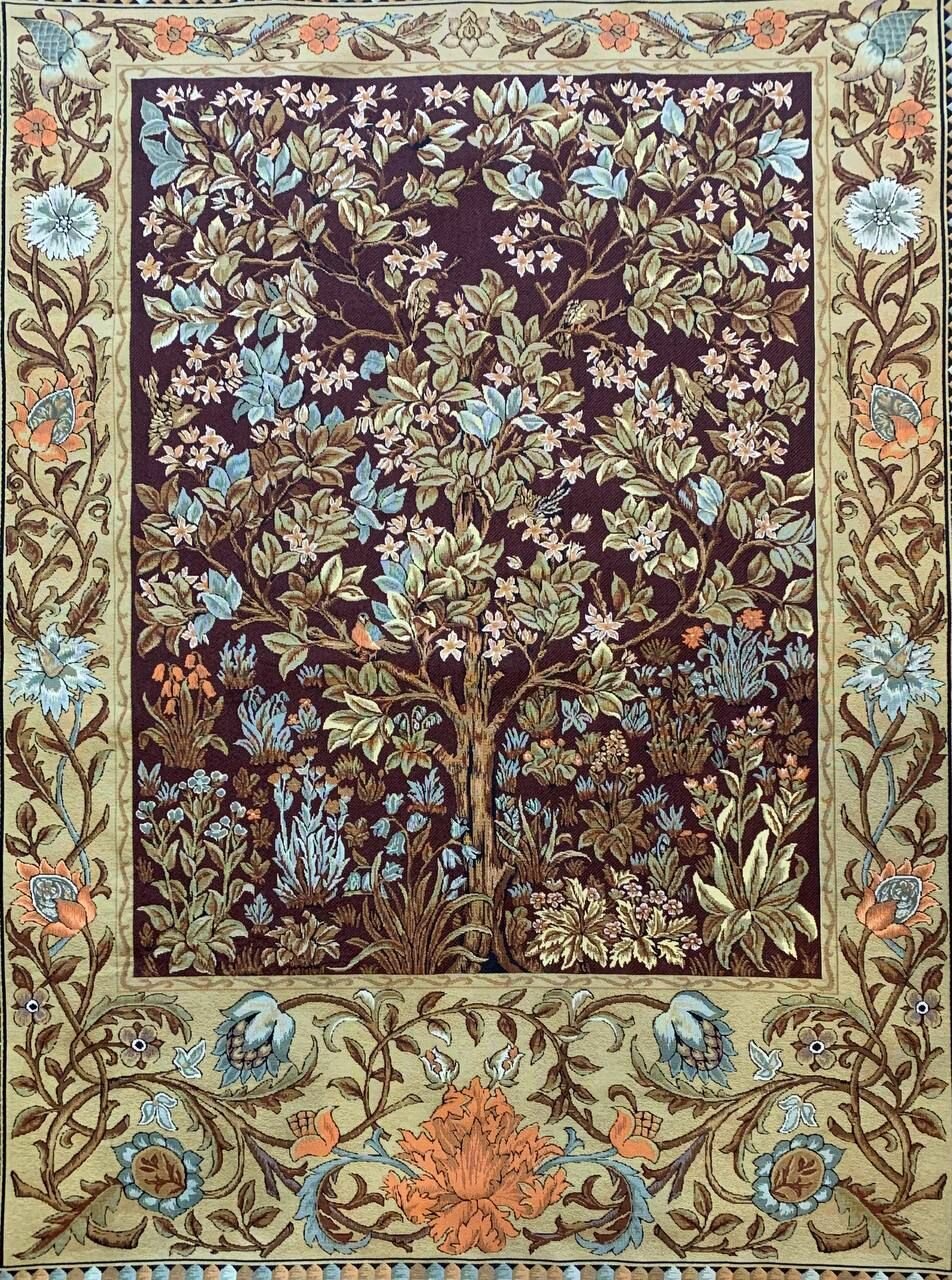 Панно гобеленовое на стену "Цветущая яблоня" У. Моррис, фон коричневый 105х140 см / Гобелен