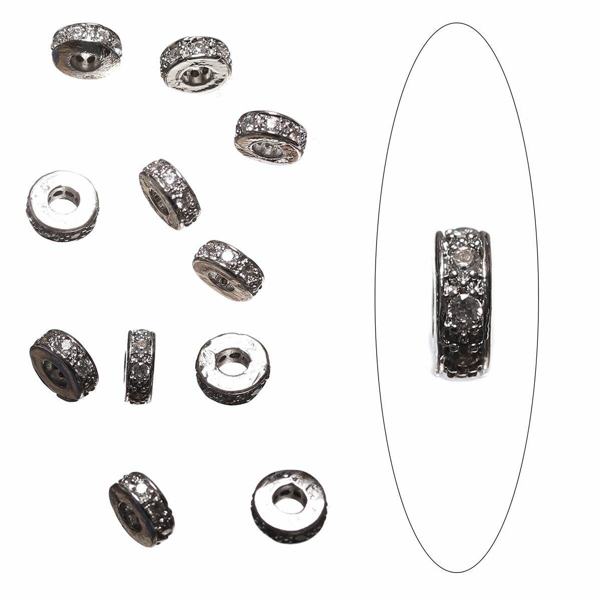 Бусина металлическая 7х3мм, Milano, Рондель, с крупным отверстием, с кристально-прозрачными фианитами, базовый материал - латунь, под родий, 1 шт.