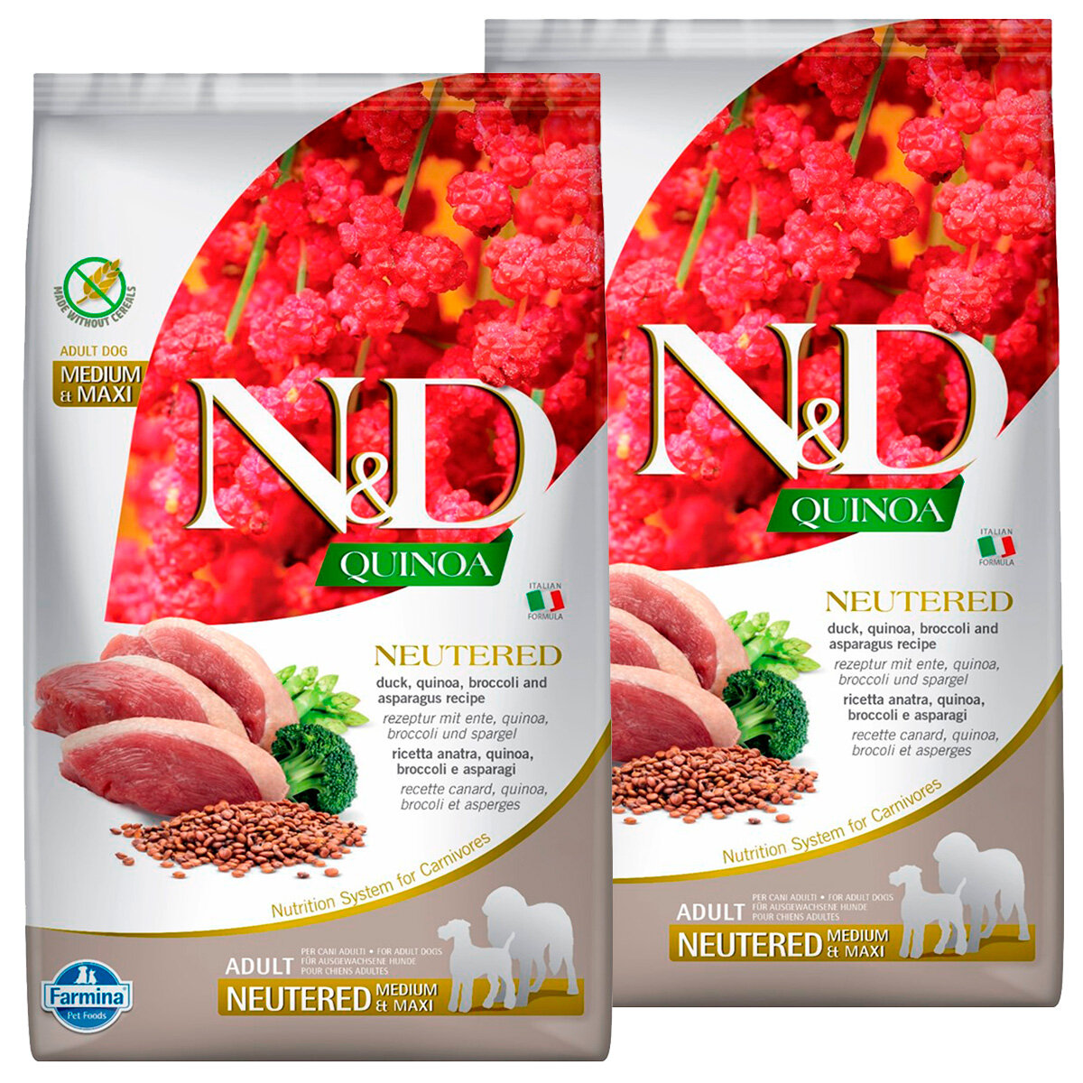 FARMINA DOG N&D QUINOA NEUTERED ADULT MEDIUM & MAXI DUCK, BROCCOLI & ASPARAGUS беззерновой для кастрированных и стерилизованных взрослых собак средних и крупных пород с уткой, брокколи и спаржей (12 + 12 кг)