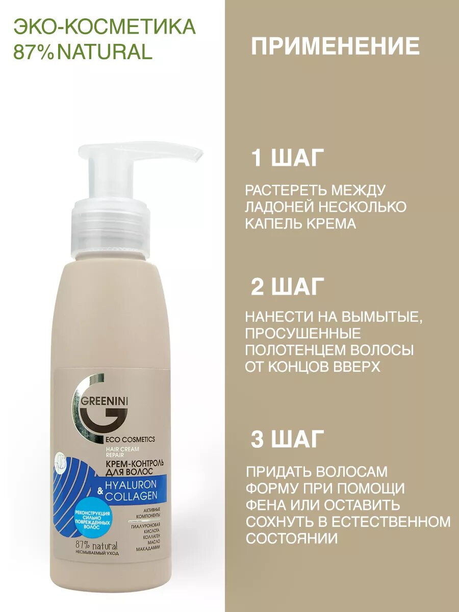 Greenini Крем-контроль для волос Hyaluron & Collagen Реконструкция сильно поврежденных волос 100 мл