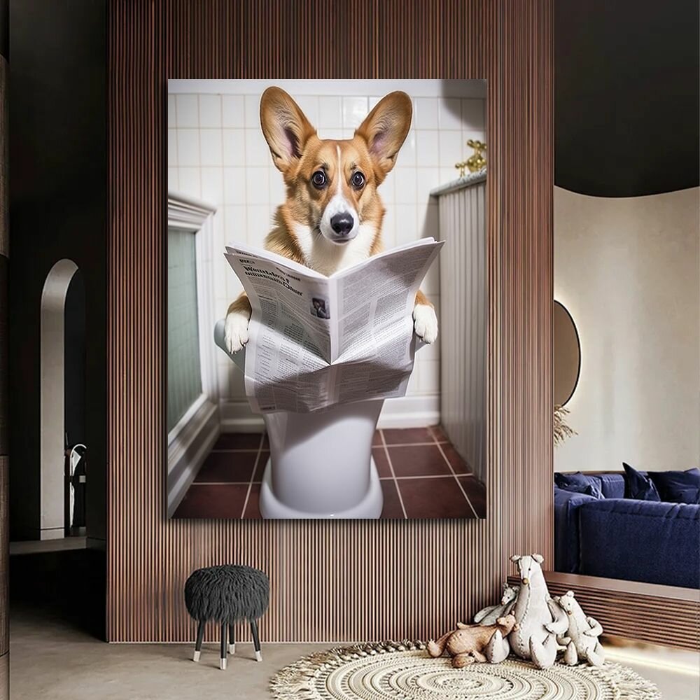 Картина в туалет, собака на унитазе, Корги читает газету, 60х80 см.