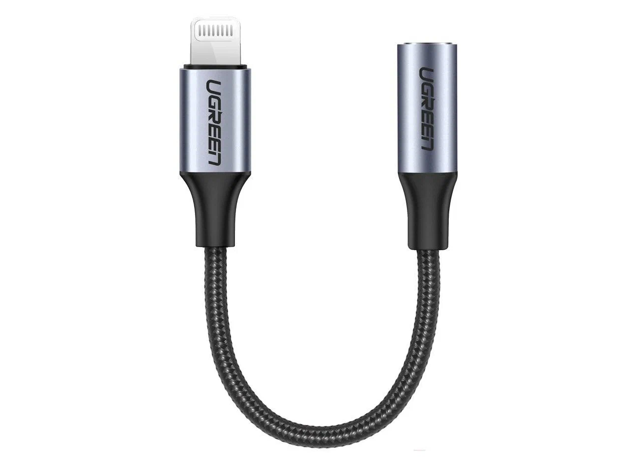 Аудиоадаптер Ugreen Lightning - AUX Jack 3,5 мм (f), в оплетке, цвет серо-черный, 10 см (30756)