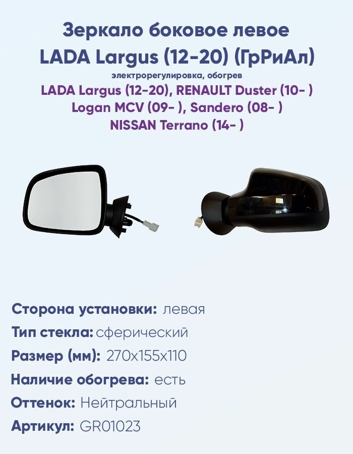 Зеркало левое LADA Largus (12- ) (ГрРиАл) электро, обогрев, нейтральное