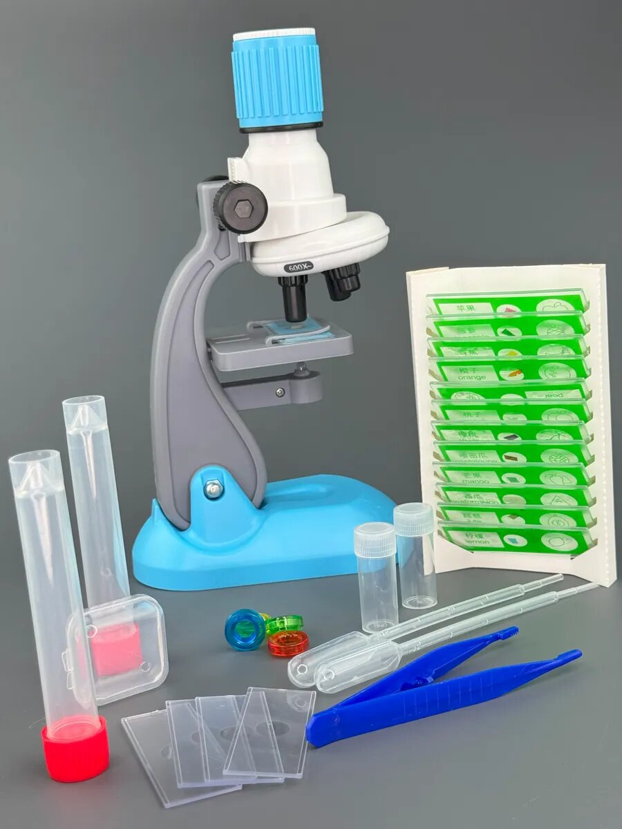 Детский микроскоп биологический, 12 образцов для исследования, 1200х увеличение