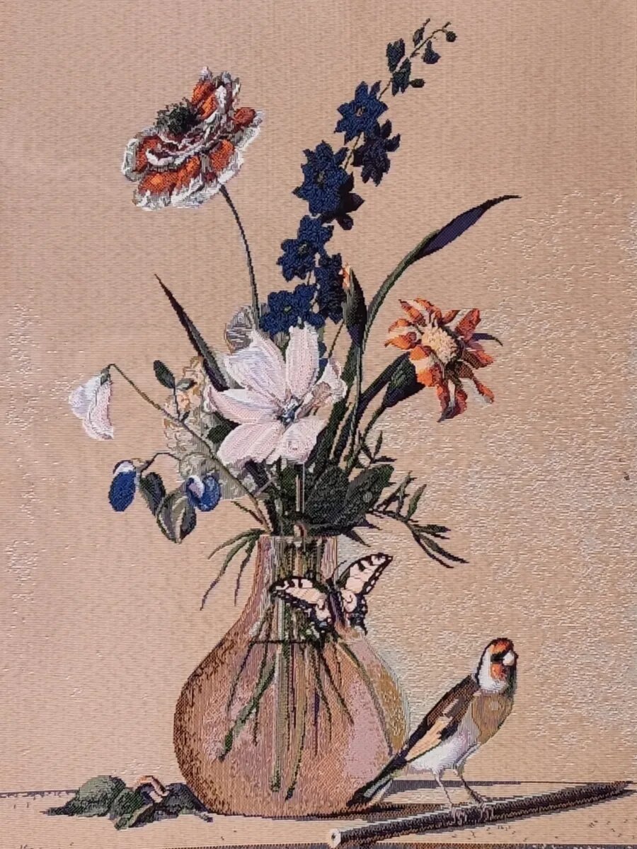 Картина гобелен "Цветы и щегол" без рамы, 40х60 см