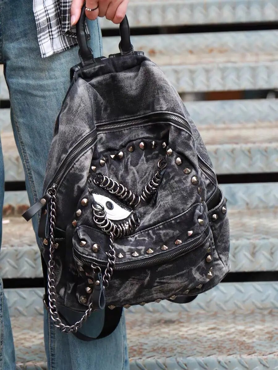 Женский новый модный джинсовый рюкзак в стиле стимпанк, большая вместительная сумка на плечо с заклепками и цепочкой, большая вместительная холщовая сумка