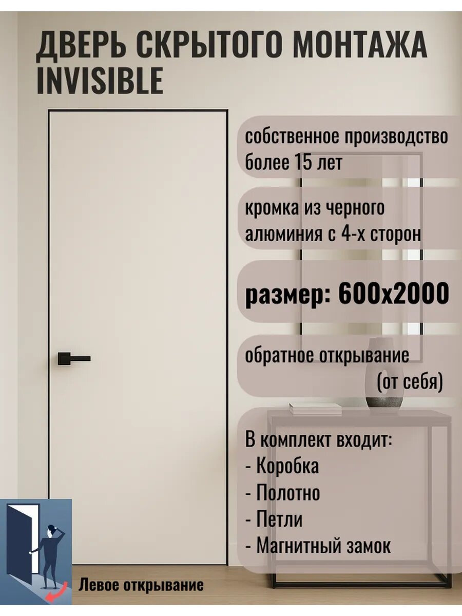 Скрытая дверь с коробкой INVISIBLE AL черный 2000x600, левое (от себя)