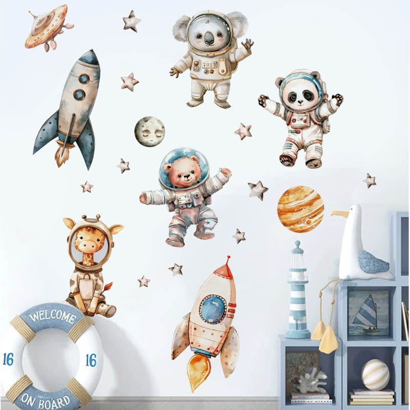 Наклейки на стену с изображением животных из мультфильмов, космонавтов, ракет, планет, звезд, обоев, космических приключений, съемных самоклеящихся настенных наклеек для декора детской спальни, игровой комнаты, класса, гостиной