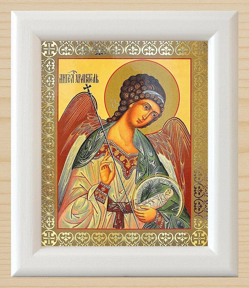 Ангел Хранитель (лик № 110), икона в белой деревянной рамке 12,5*14,5 см