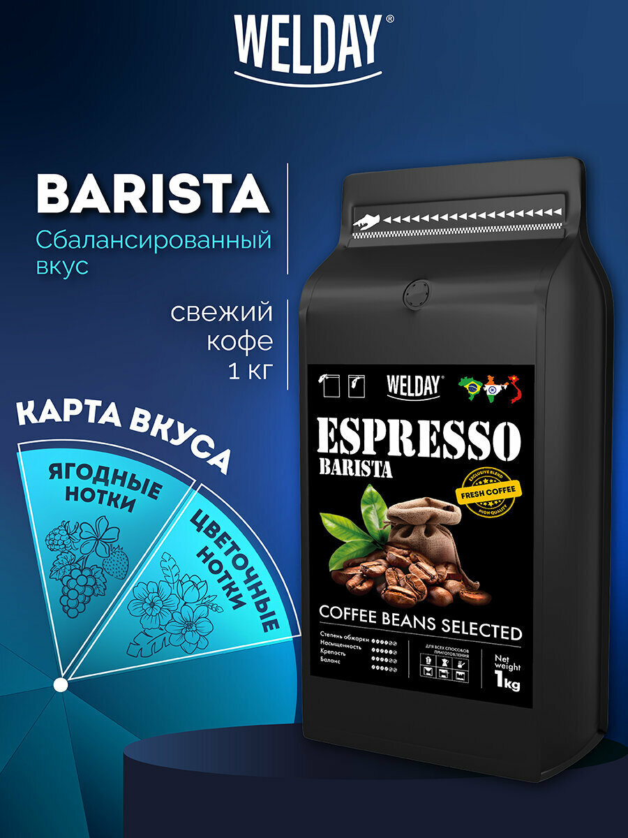 Кофе в зернах 1 кг арабика робуста, для кофемашины и турки, подарочный набор, Espresso Barista, WELDAY (Вэлдэй), 881119