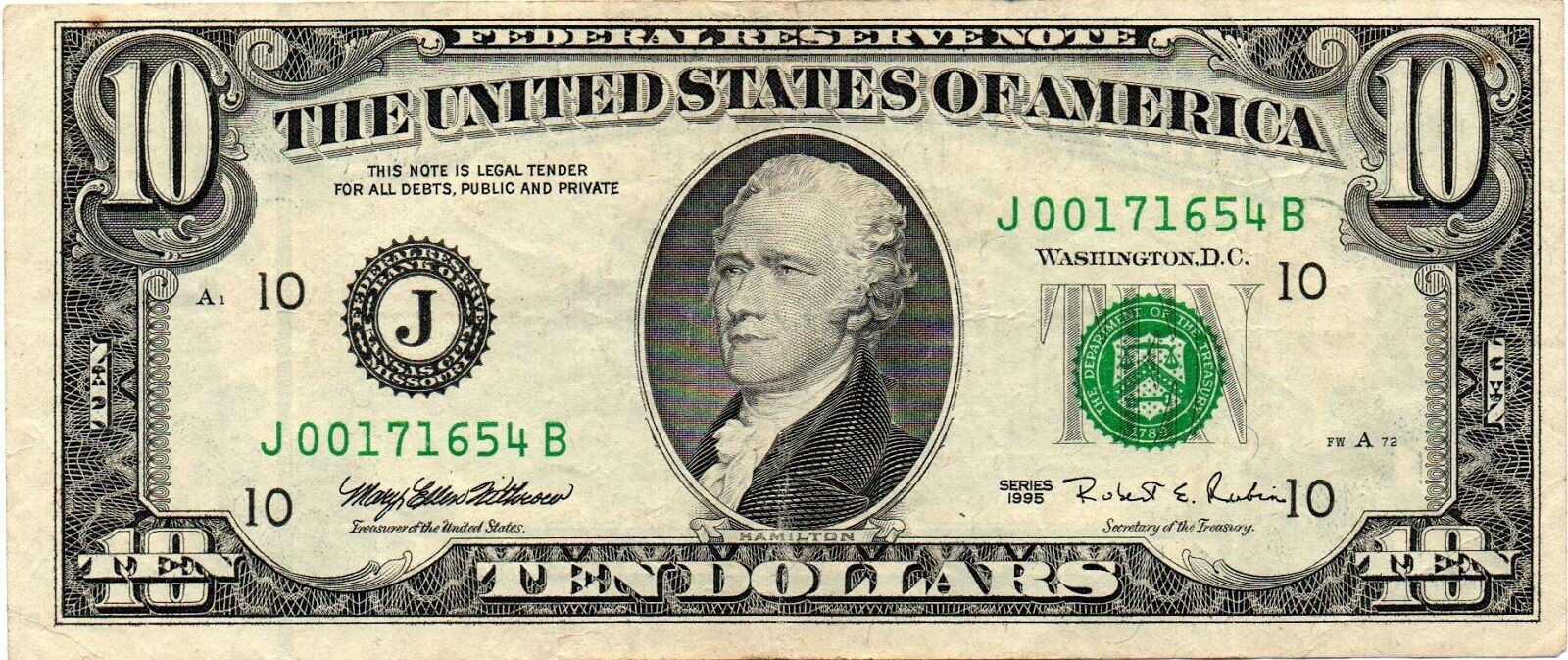 10 долларов 1995 год США 00171654