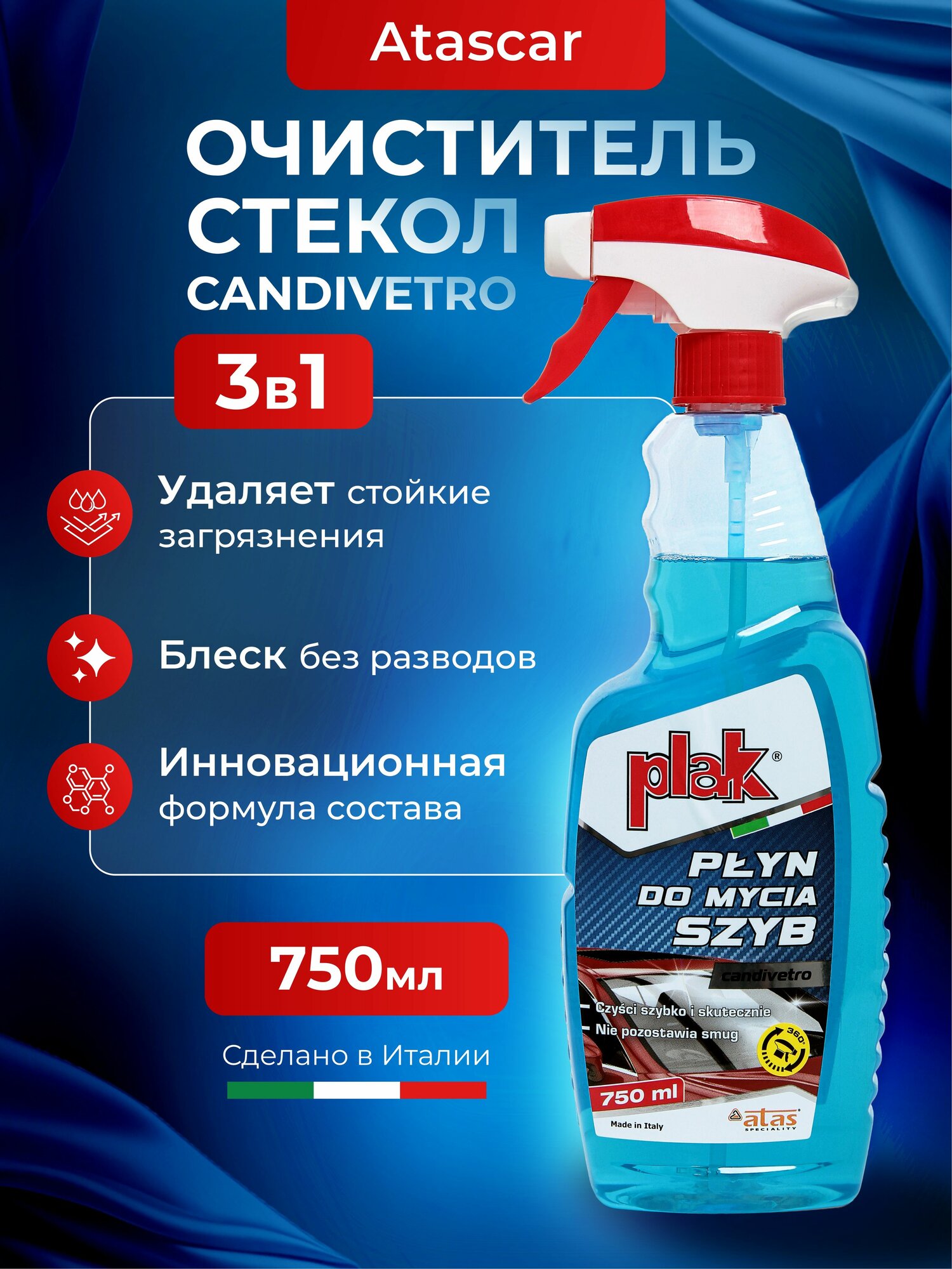 Очиститель стекол и зеркал CANDIVETRO Plak, 750 мл
