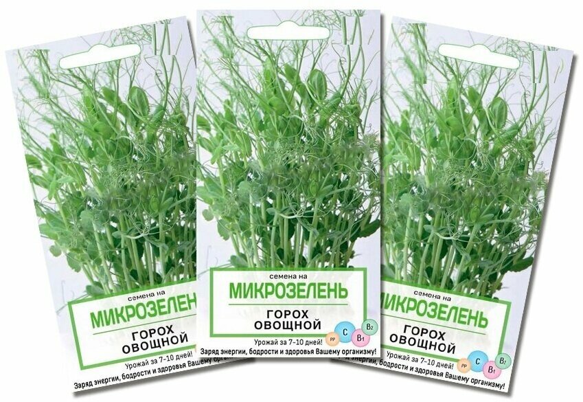Семена на Микрозелень Горох овощной, 10 гр. Комплект из 3 пакетиков, полезное применение и натуральный источник протеина и витаминов