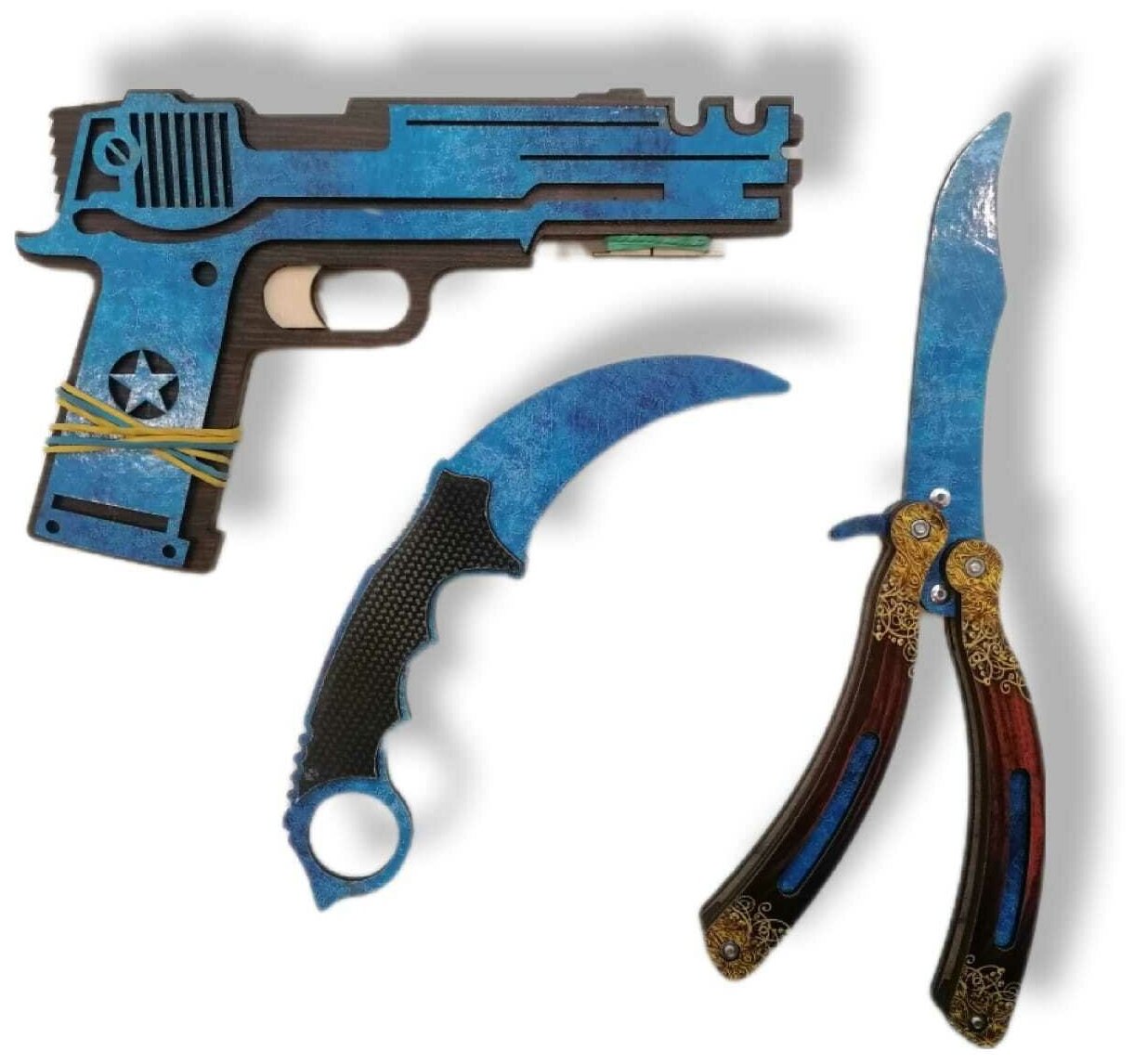 Набор деревянного оружия КС ГО волны сапфир / Детский набор CS GO 3 предмета / Керамбит/ Нож бабочка/ Резинкострел/ Подарочный набор