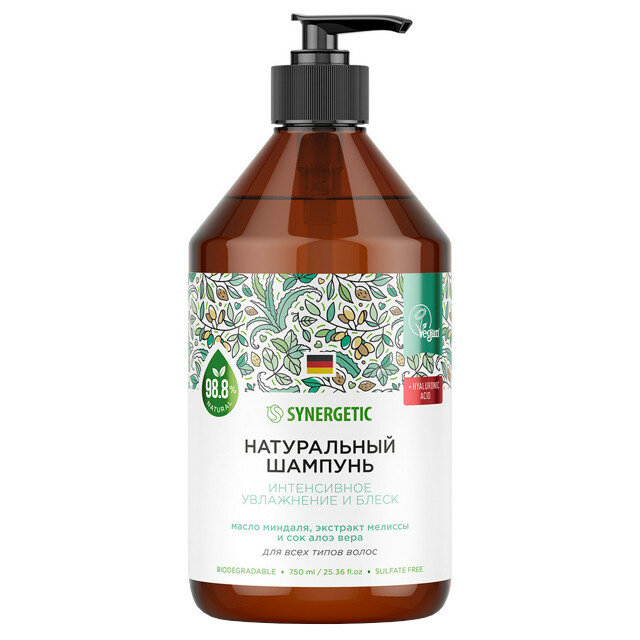 SYNERGETIC Шампунь Увлажнение и Блеск 750 мл для волос - ежедневный уход за волосами