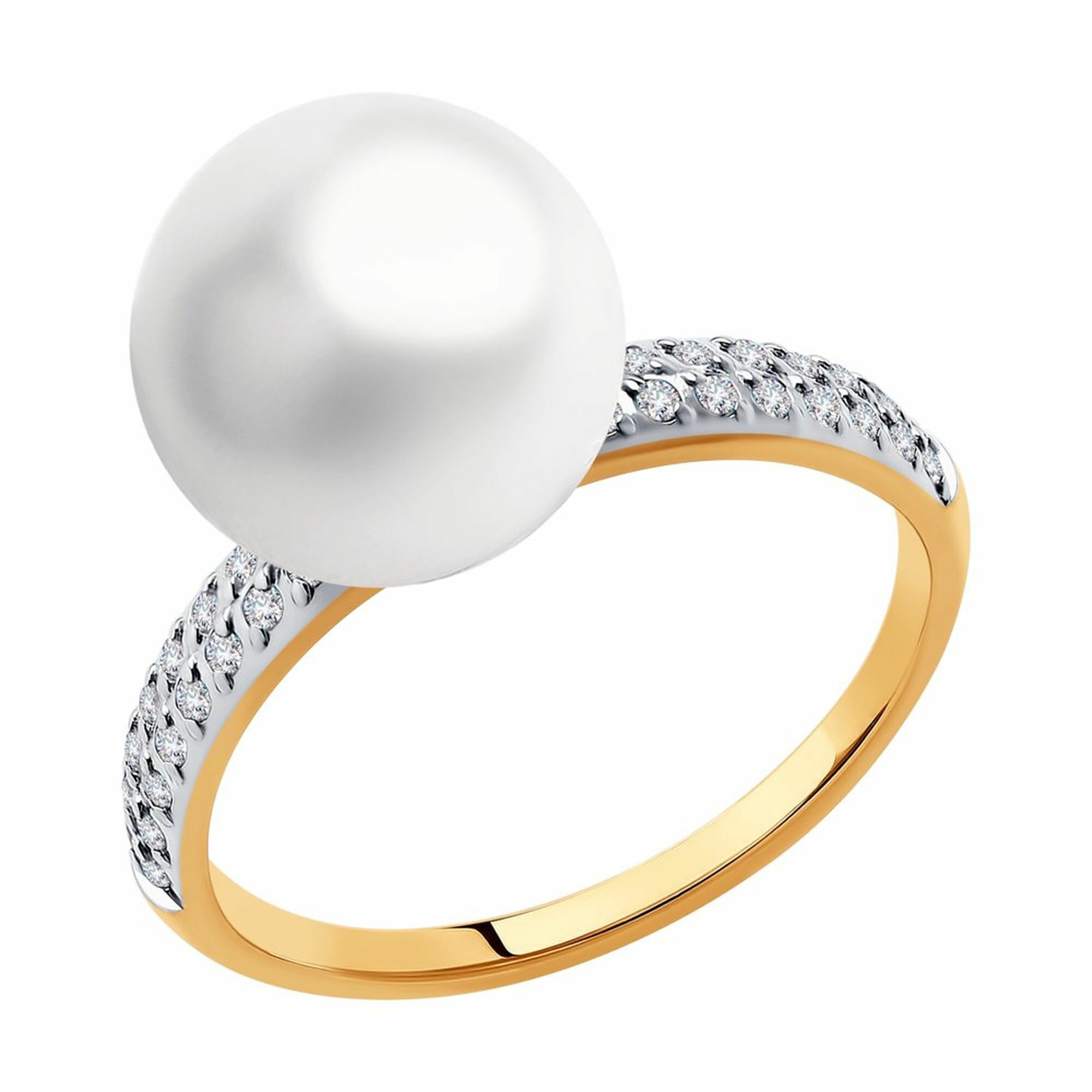 Кольцо, красное золото, 585 проба, жемчуг, кристаллы Swarovski