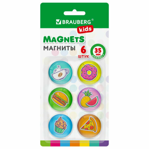 Магниты стеклянные 35 мм, набор 6 шт, 3D Street Food, BRAUBERG KIDS, круглые, блистер, 272515
