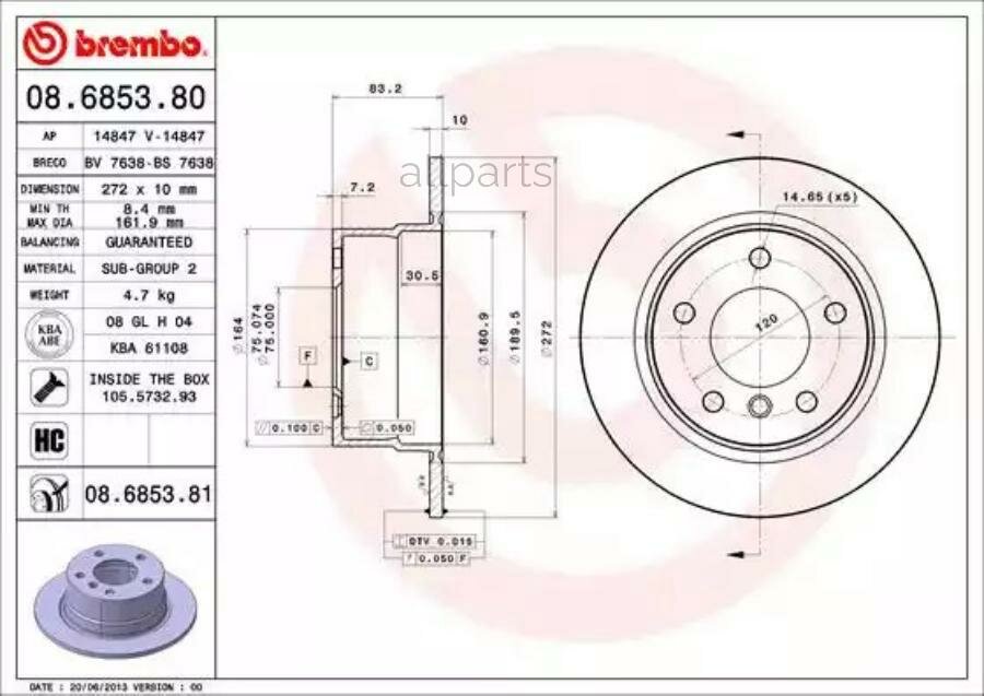 BREMBO 08685381 08.6853.81 диск тормозной задний!\ BMW Z3 (e36) 1.8-3.0 95-03
