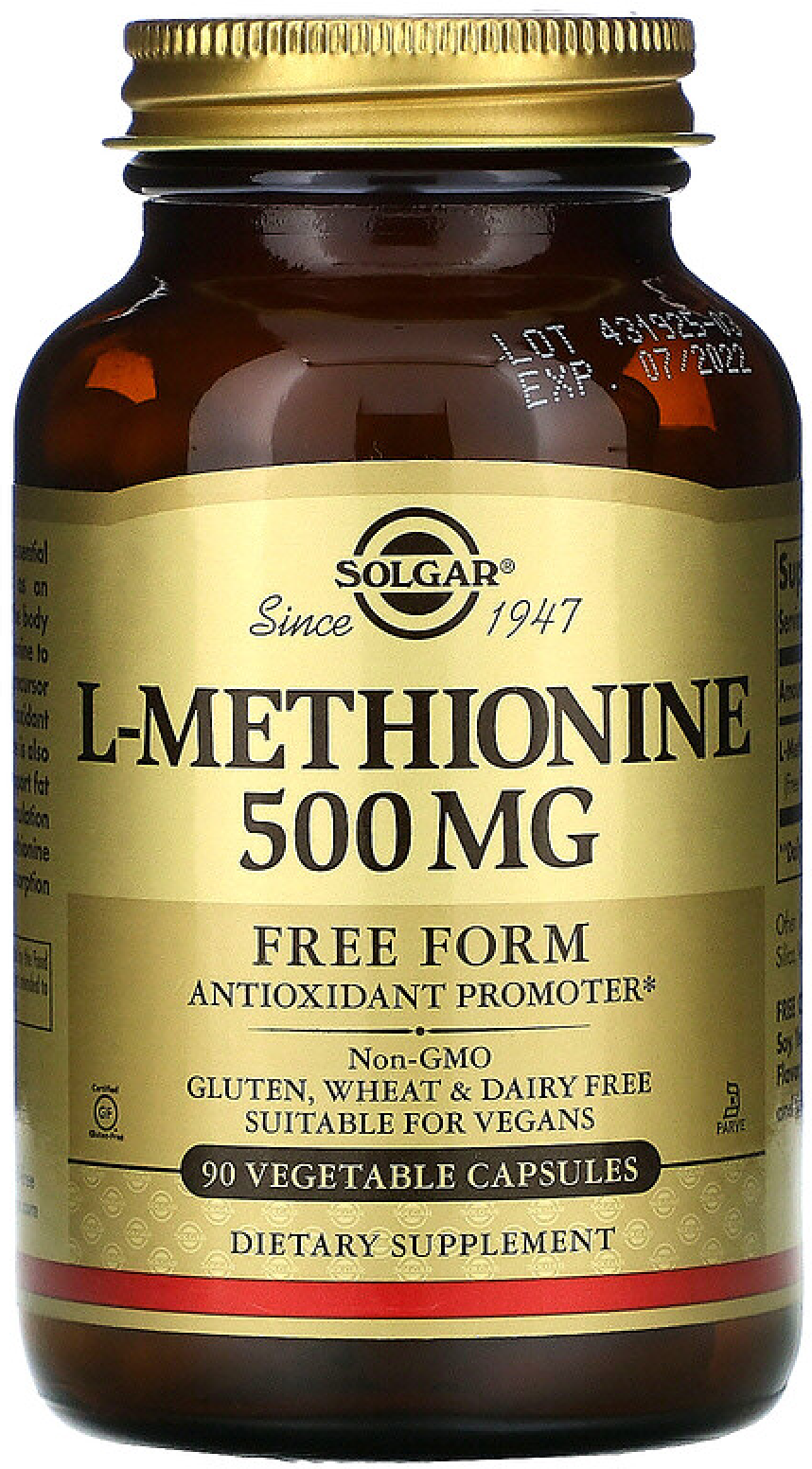 Solgar, L-Methionine, L-метионин, 500 мг, 90 растительных капсул