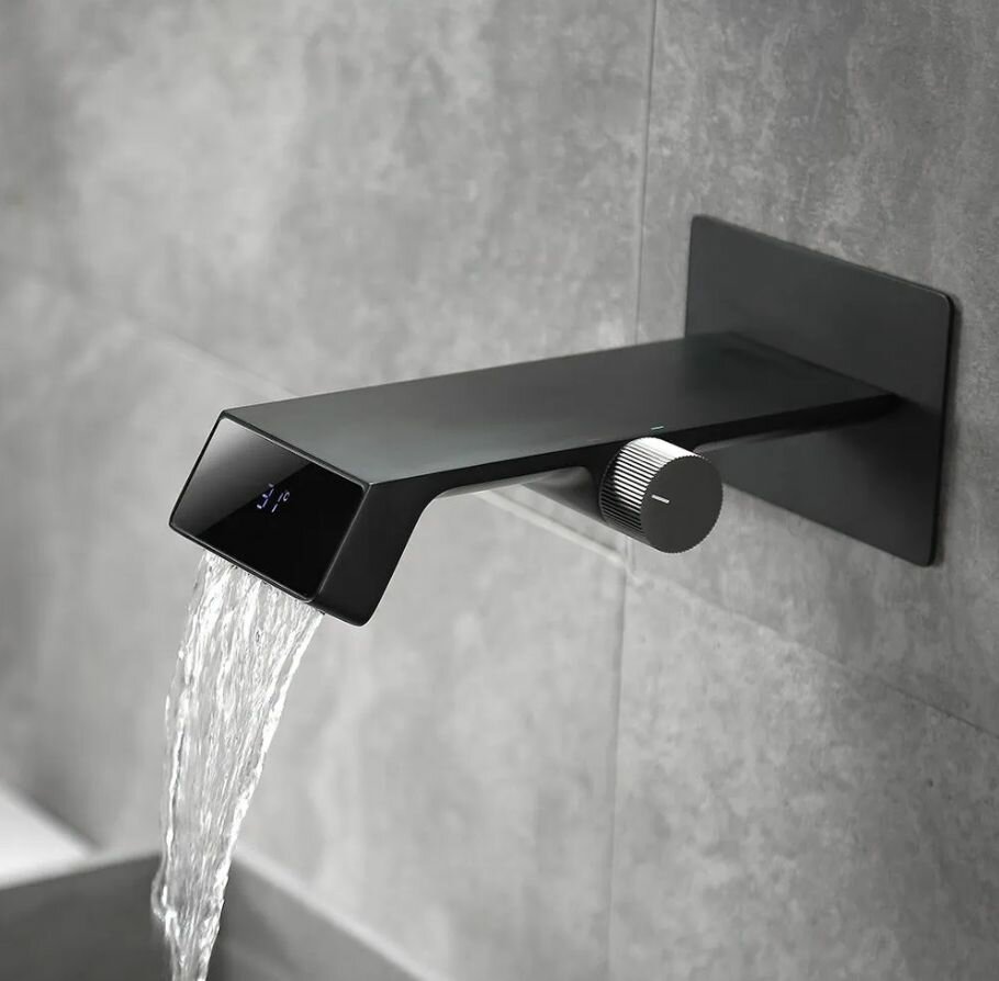 Раковина (умывальник) со встроенным краном, цифровой дисплей, водопадный излив, латунь, подходит для ванны, черный