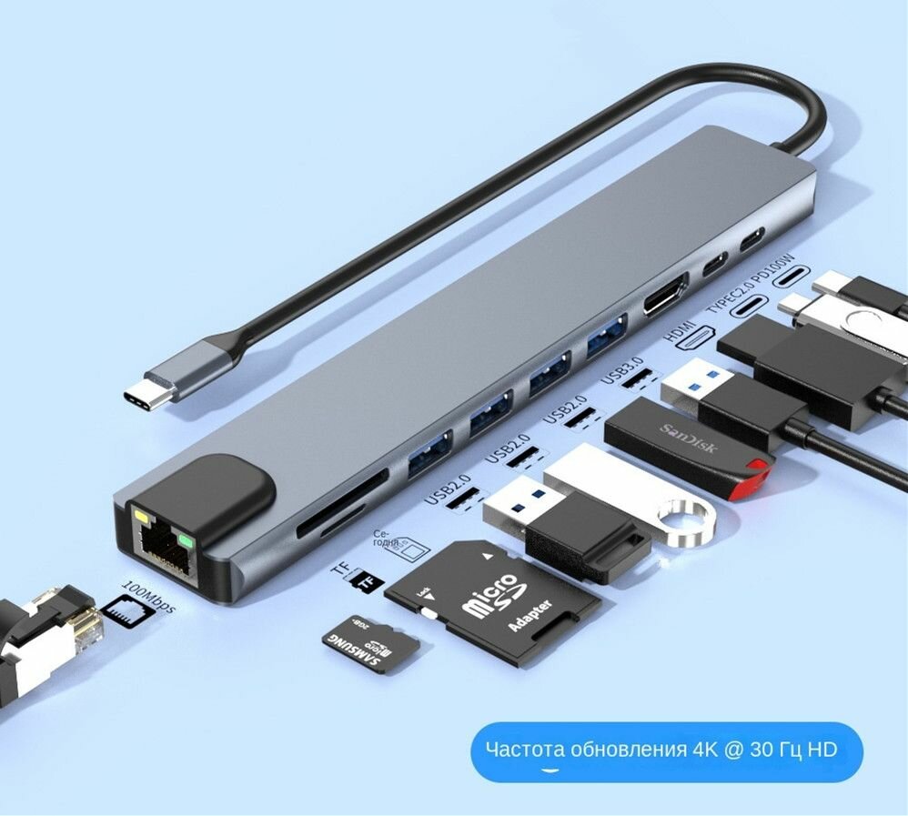 USB разветвитель 10 в 1 USB HUB Type C док станция Usb 3.0 хаб 3 0 переходник концентратор адаптер thunderbolt 4k Hdmi RJ45 TF SD картридер для ноутбука для макбука USB-2.0 Type-c