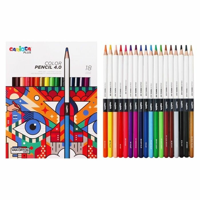 Цветные карандаши Carioca 18 цветов, "Plus", дерево, шестигранные, грифель 4 мм (45202)