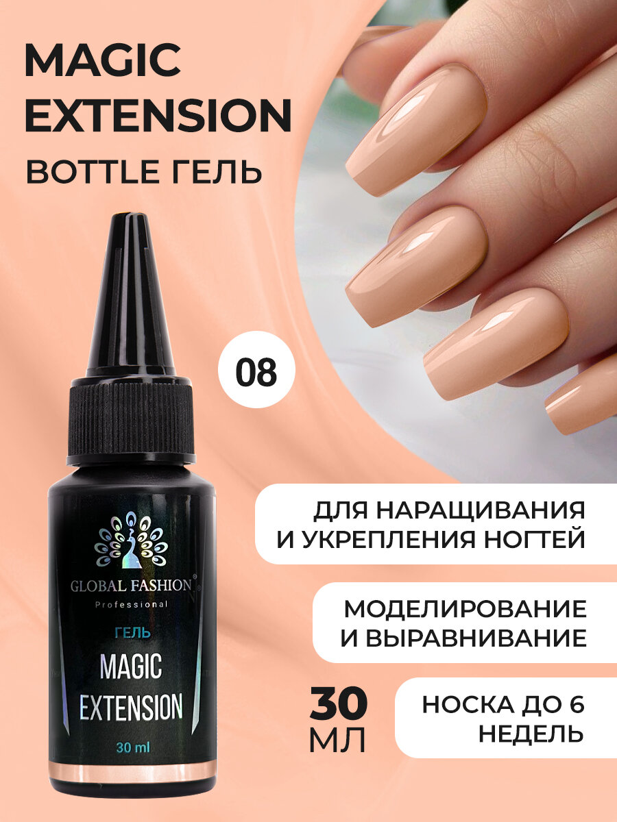 Global Fashion Камуфлирующий жидкий трёхфазный гель для наращивания и укрепления ногтей Magic Extension, 30 мл / №08 персиковый крем