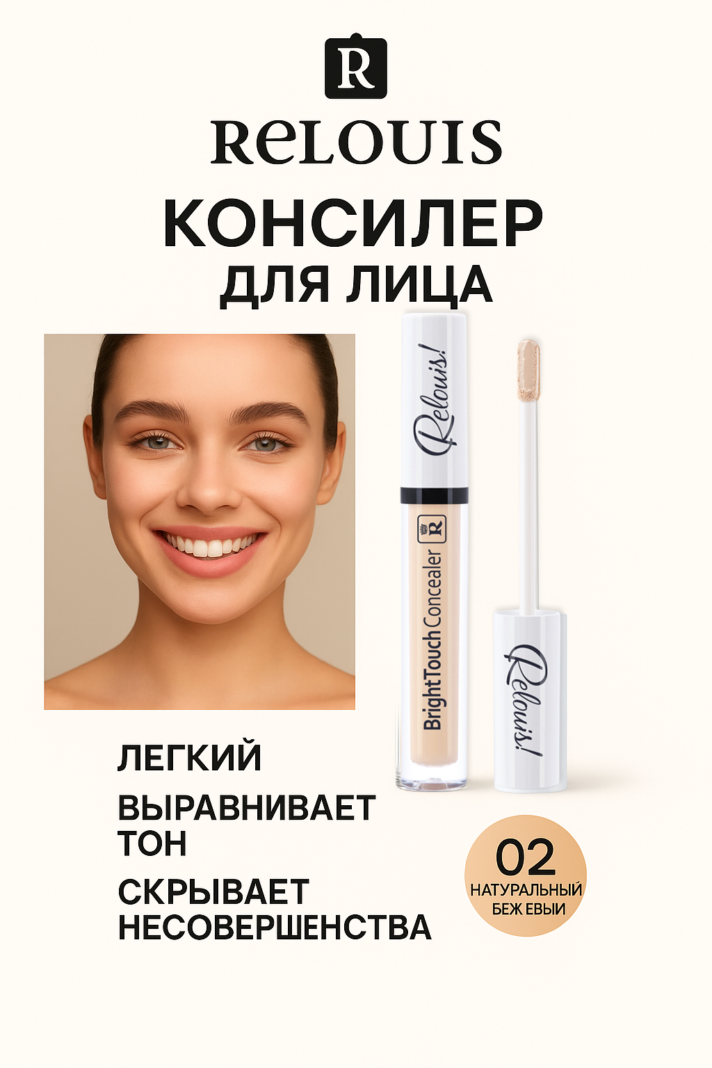 RELOUIS Консилер Светоотражающий Bright Touch RELOUIS 02 натуральный бежевый
