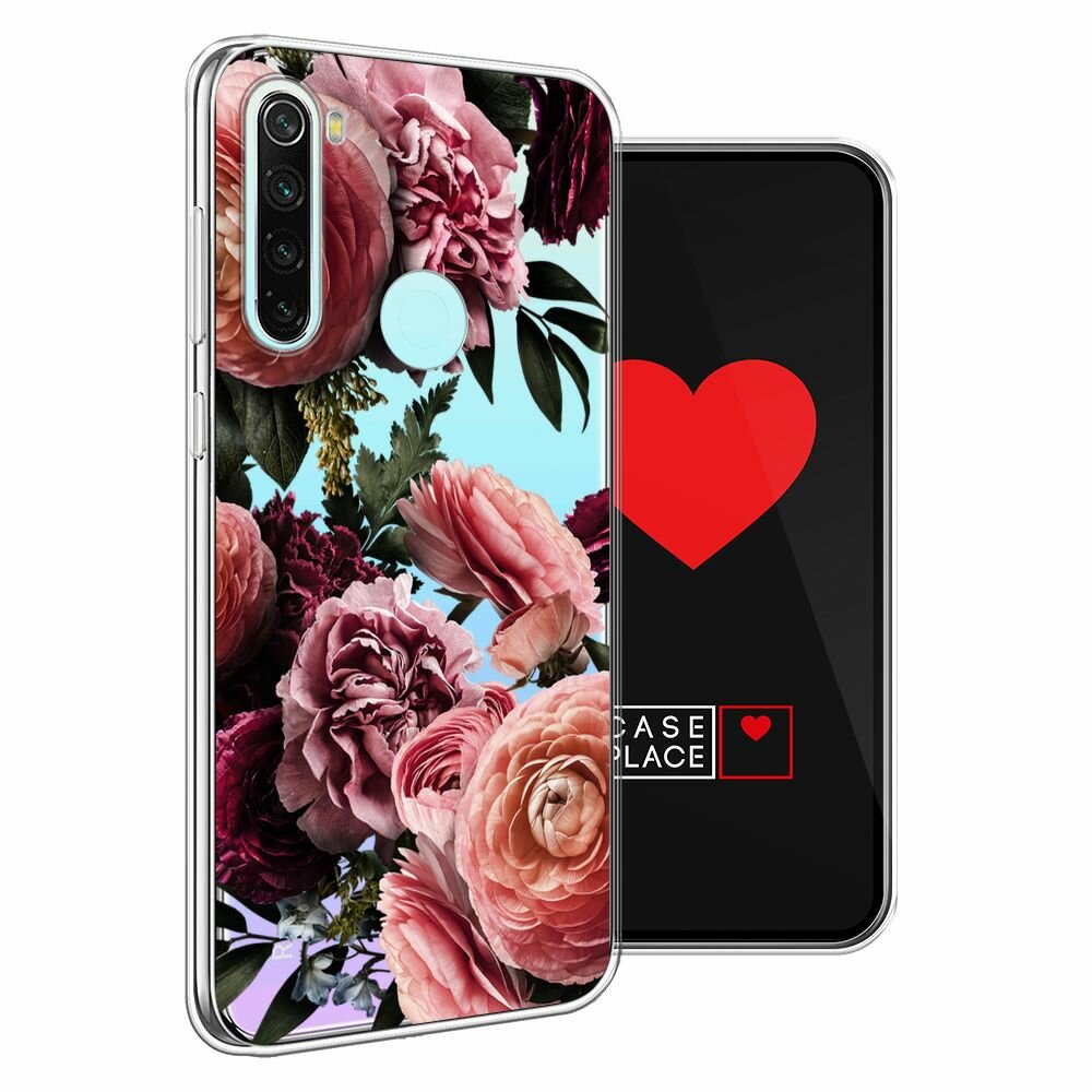 Чехол на Xiaomi Redmi Note 8 / Сяоми Редми Нот 8 с принтом "Бордовые винтажные цветы", прозрачный — фото 1