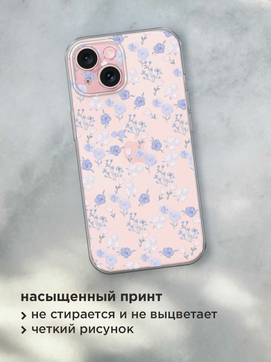 Чехол на Apple iPhone 15 / Айфон 15 с принтом "Сиреневые розы паттерн", прозрачный — фото 1