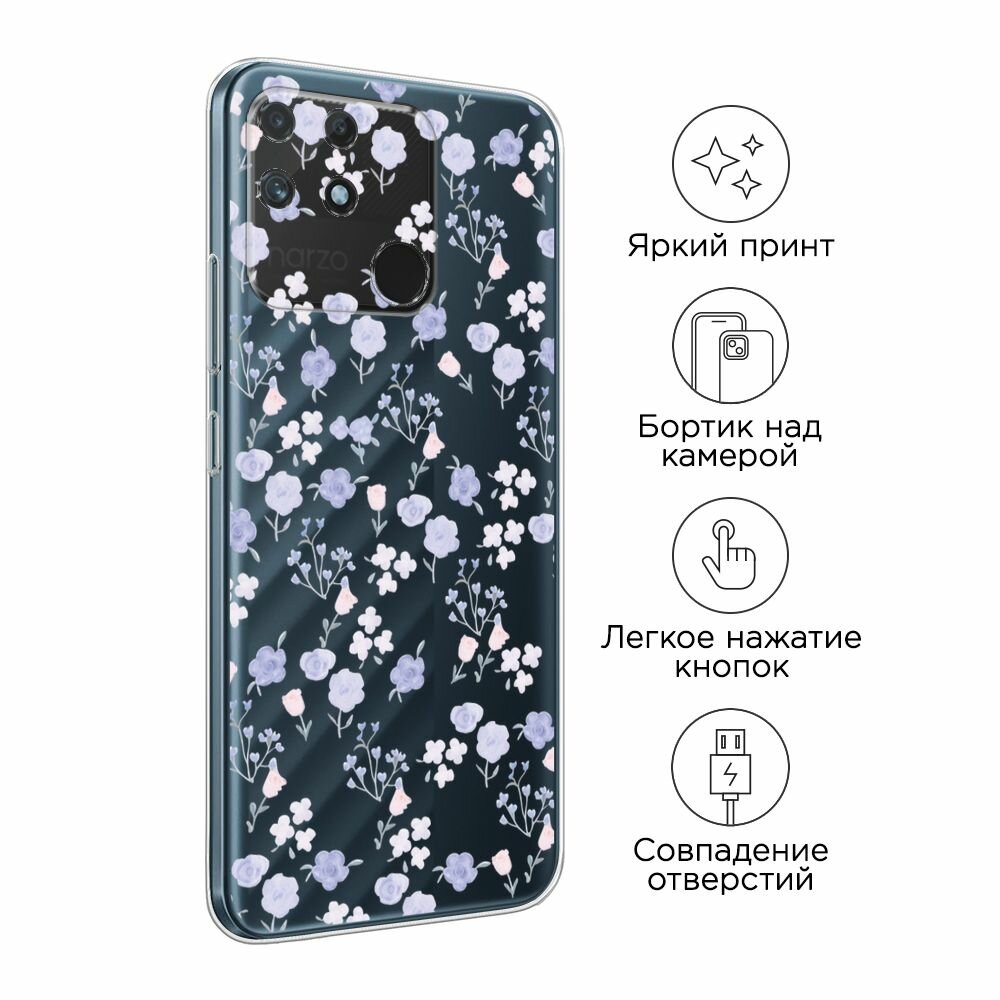 Чехол на Realme Narzo 50A / Реалми Нарзо 50A с принтом "Сиреневые розы паттерн", прозрачный — фото 1