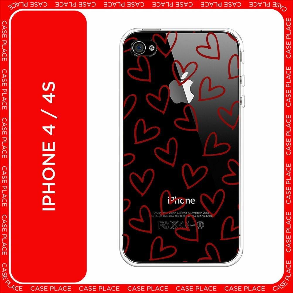 Чехол на Apple iPhone 4/4S / Айфон 4/4S с принтом "Little hearts doodles 2 - 14 февраля", прозрачный