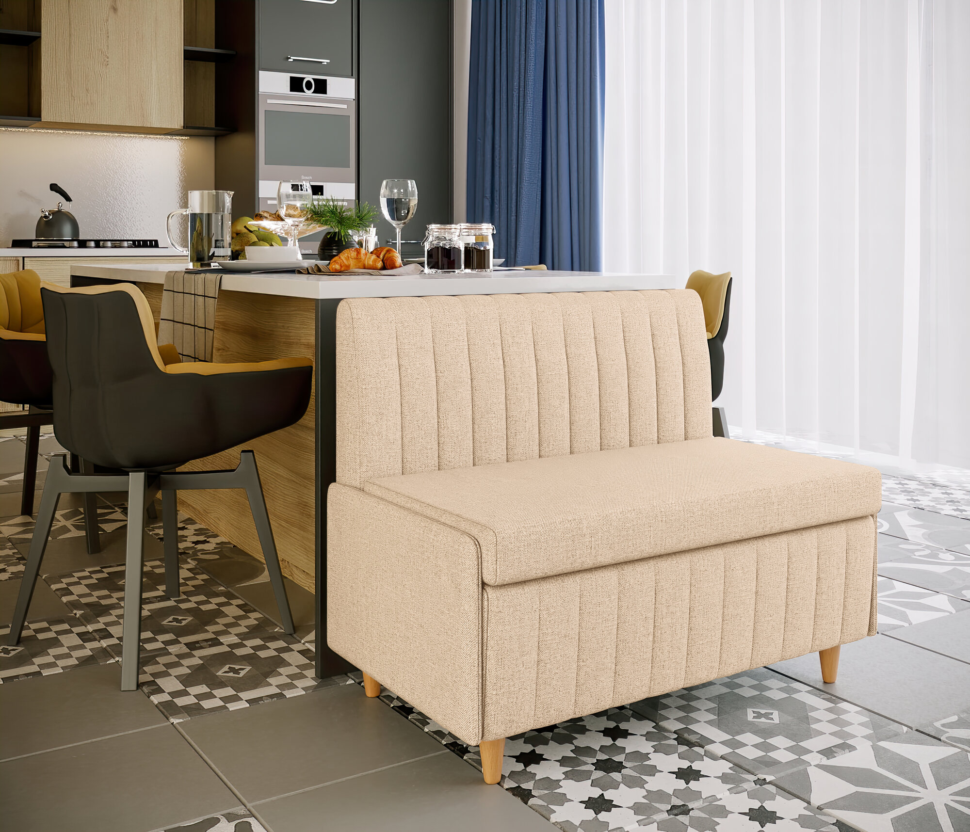 Прямой кухонный диван Мини, Саванна камел, рогожка карамель, ППУ, с ящиком