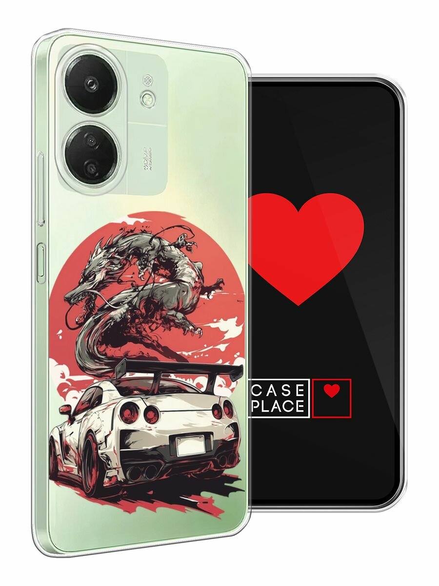 Чехол на Xiaomi Redmi 13C/Poco C65 / Сяоми Редми 13C/Поко С65 с принтом "Car and dragon", прозрачный — фото 1